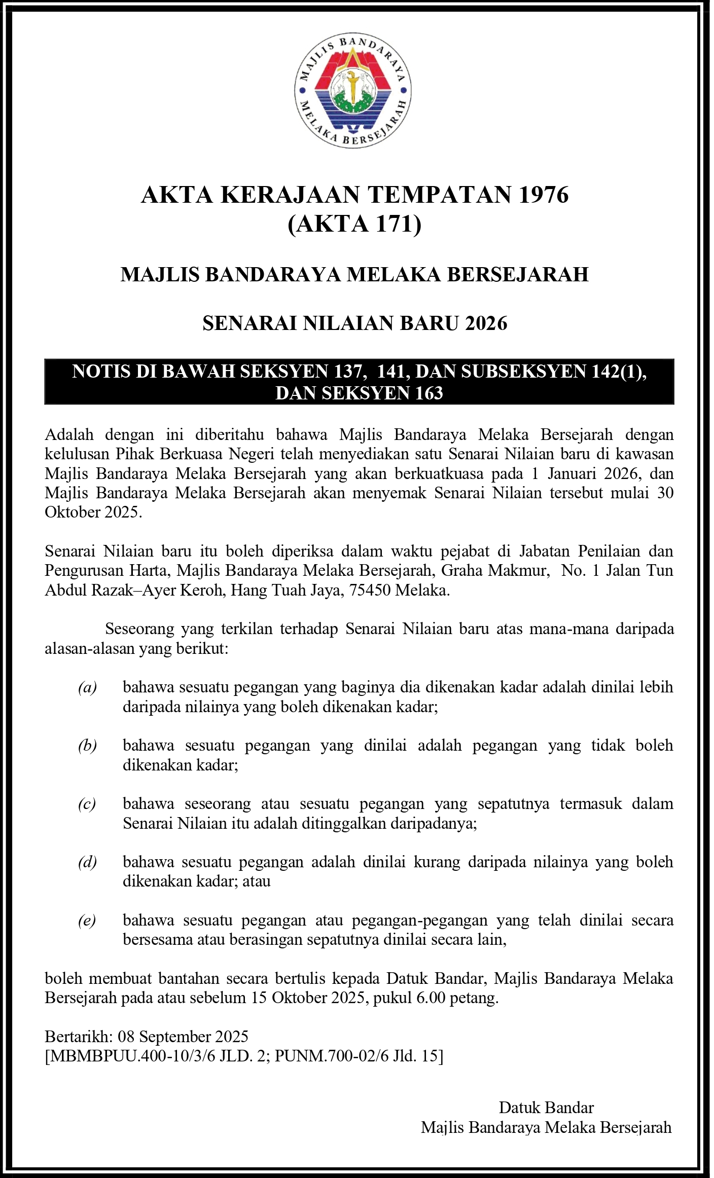 Portal Rasmi Majlis Bandaraya Melaka Bersejarah (MBMB) - Makluman ...